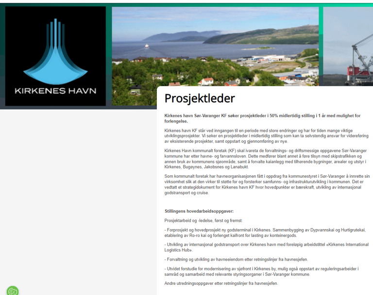Utlysning prosjektleder - Kirkenes Havn KF